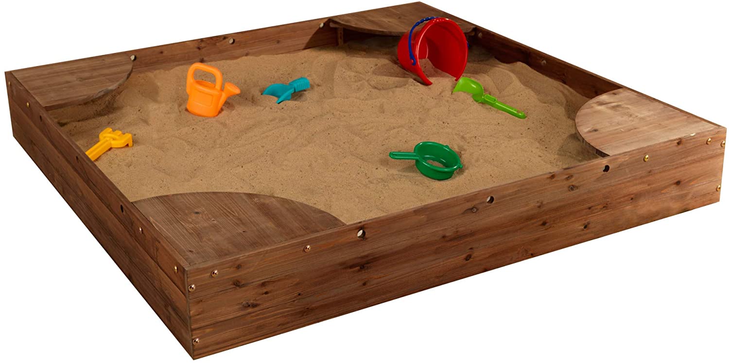 Wooden Backyard Sandbox with Built-in Corner Seating and Mesh Cover ...