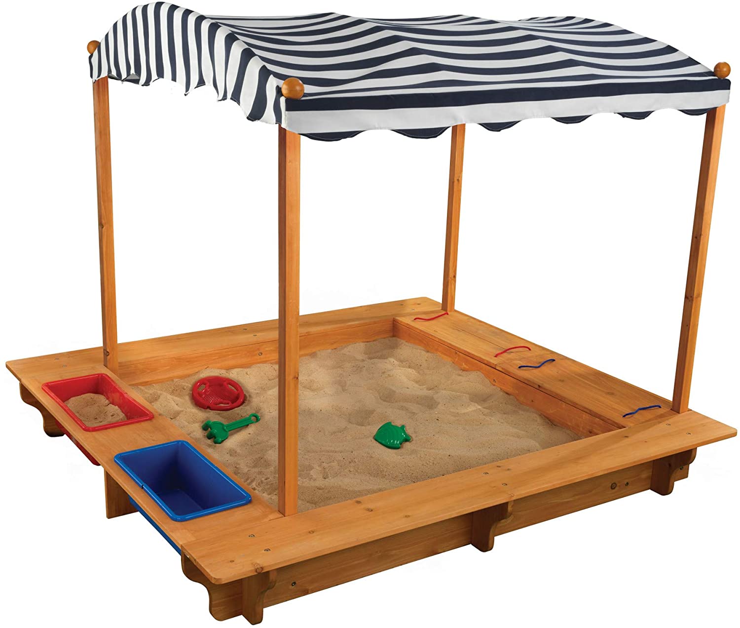 Outdoor Covered Wooden Sandbox with Bins and Striped Canvas Canopy, Na ...