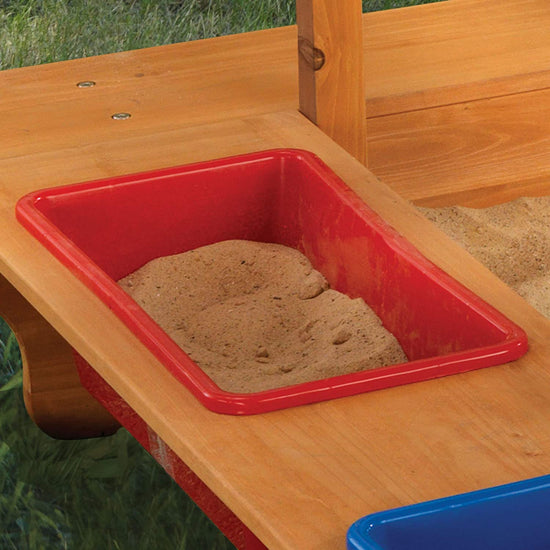 Outdoor Covered Wooden Sandbox with Bins and Striped Canvas Canopy, Na ...