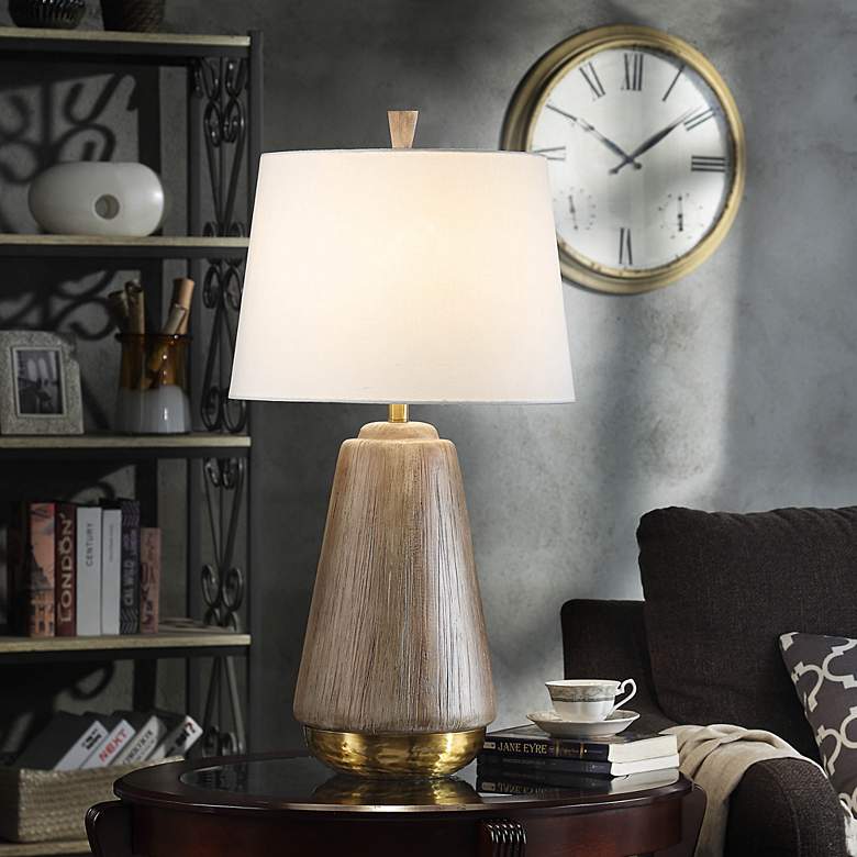 Wolcott Round Faux Wood Table Lamp with Hammered Brass Base – Joanna ...